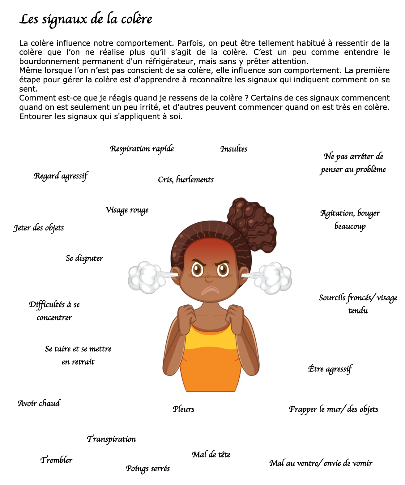 Psychoéducation | Les signaux de la colère [Fiche PDF]