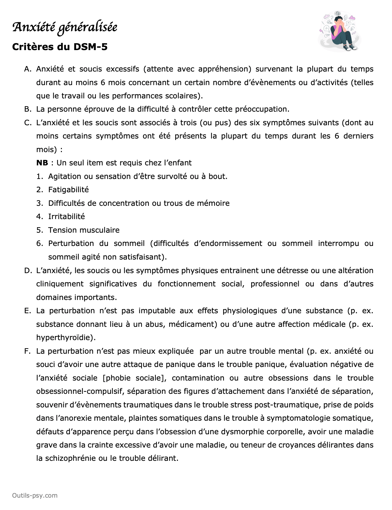 Anxiété généralisée | Critères du DSM-5 [Fiche PDF]