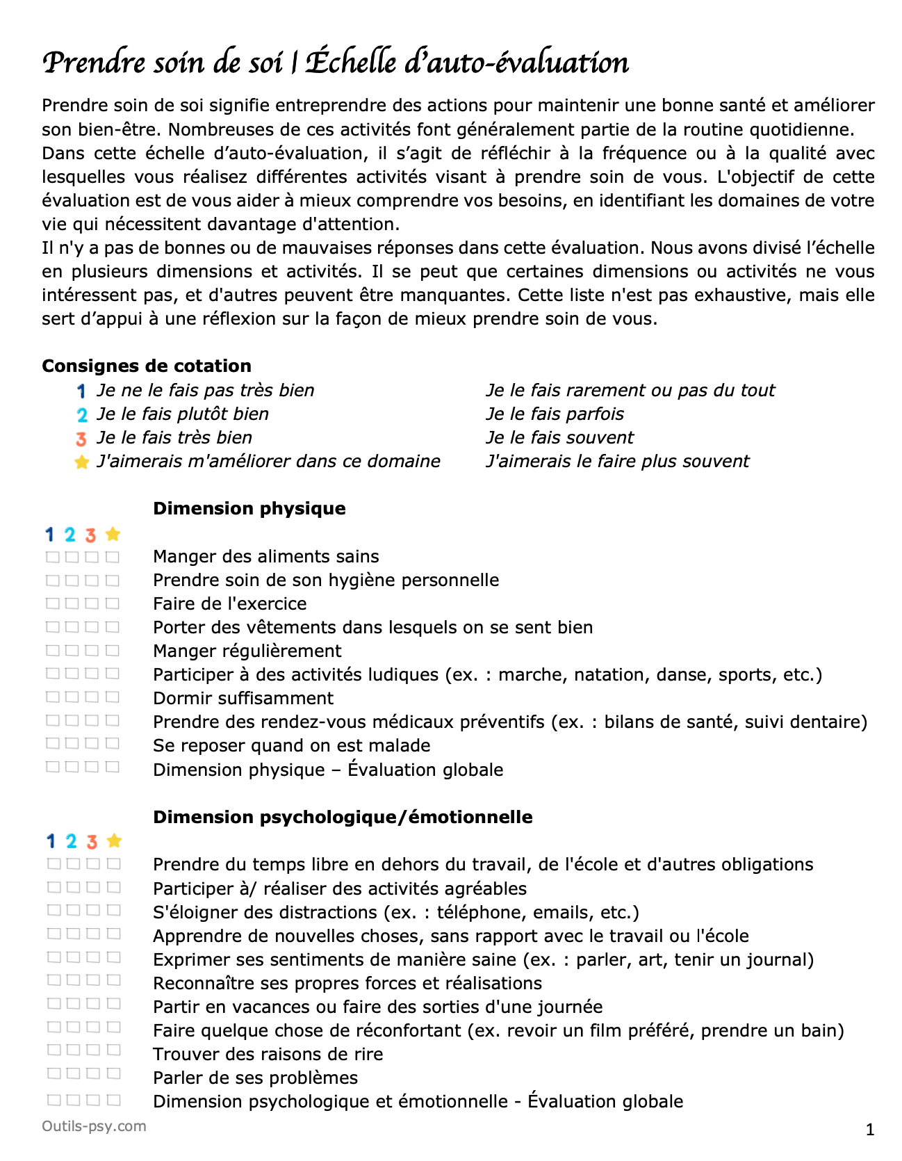 Prendre soin de soi | Échelle d'auto-évaluation dans 5 dimensions [PDF]