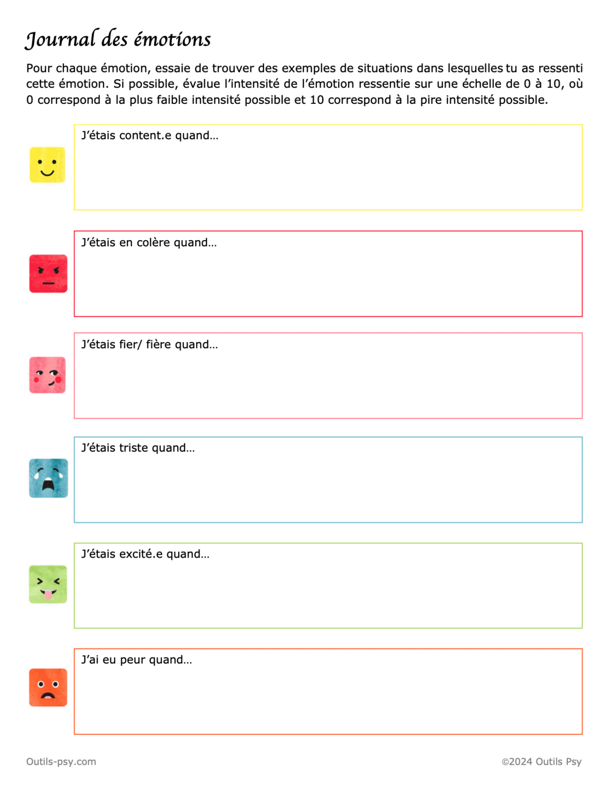Journal des émotions à remplir